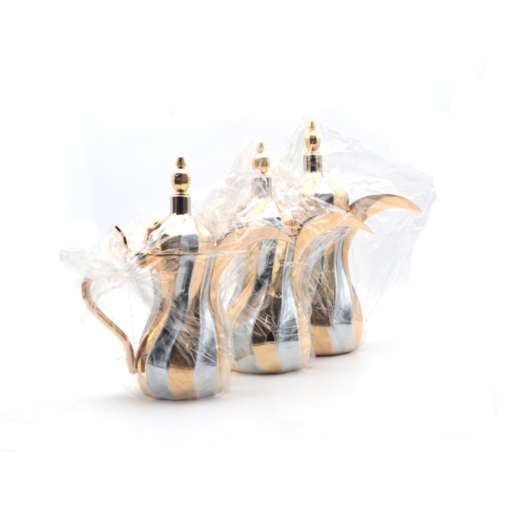 Steel Arabic Coffee Pot Set - 3 Pieces - Gold & Silver | Oksouq