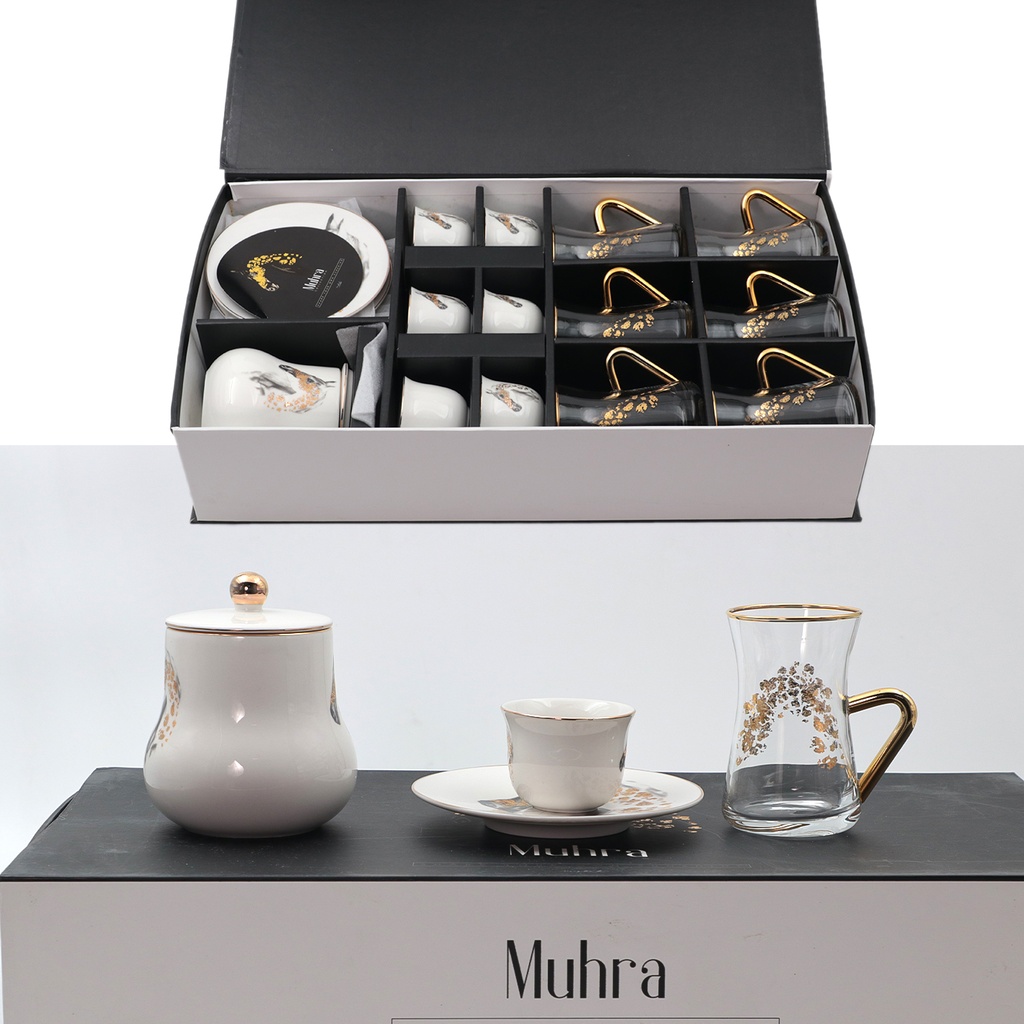 Muhra Tea Set 6 Tea Glass + 6 Coffee Cup 1 Sugar pot 19 Pcs | Oksouq