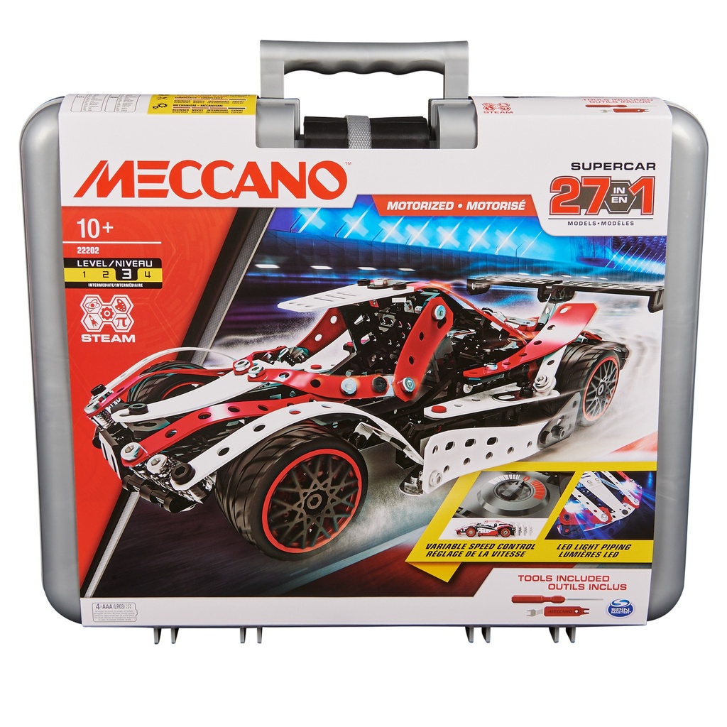Meccano, 27-in-1 Motorized Supercar STEM Model Building Kit with 466 ...